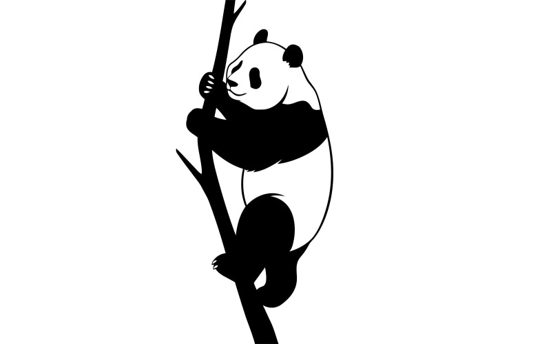 Minimalist panda clinging playfully to a slender tree branch isolated ...