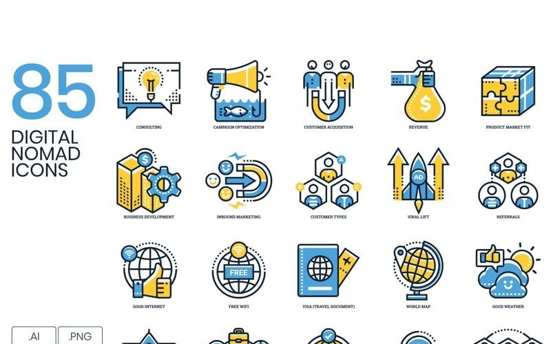 85 Digital Nomad Icons - Kinetic Series Set - TemplateMonster