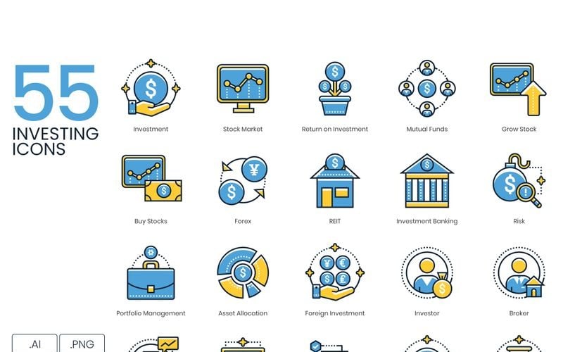 55 Investing Icons - Kinetic Series Set - TemplateMonster
