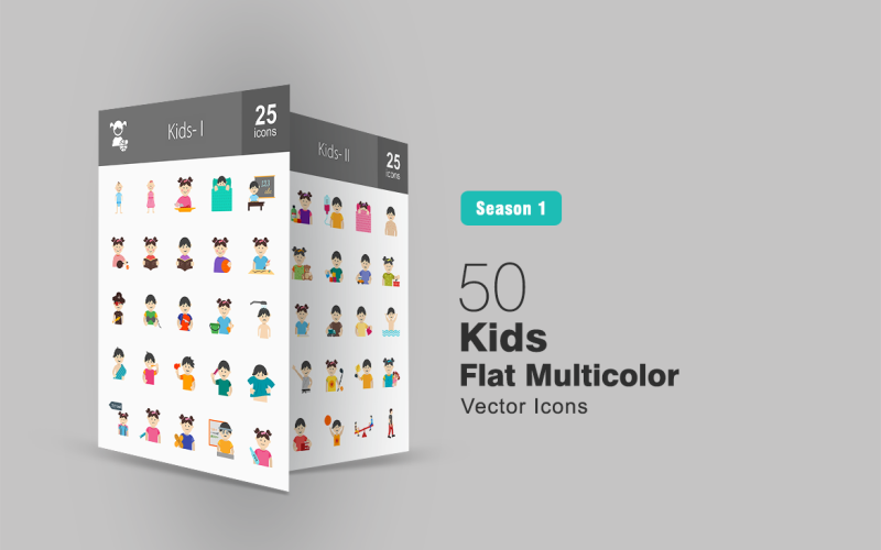 50 Kids Flat Multicolor Icon Set #92583 - TemplateMonster