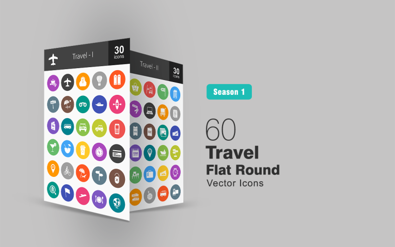 60 Travel Flat Round Icon Set #92584 - TemplateMonster