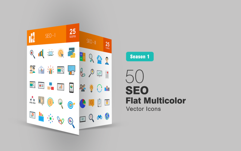 50 SEO Flat Multicolor Icon Set #92604 - TemplateMonster