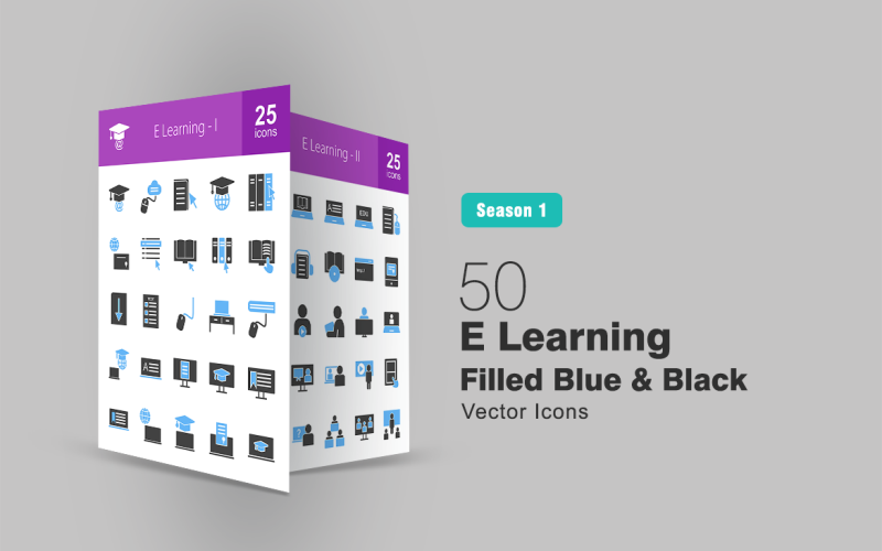 50 E Learning Filled Blue & Black Icon Set - TemplateMonster
