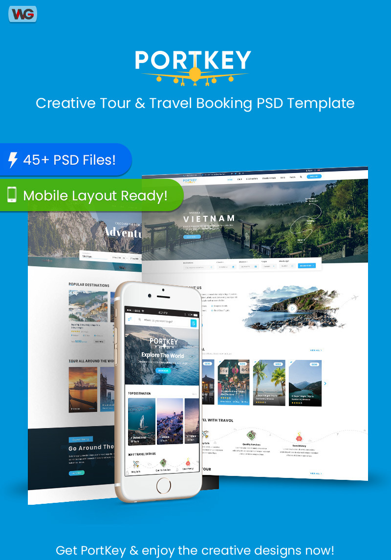 PortKey - Creative Tour & Travel Booking PSD Template #88346