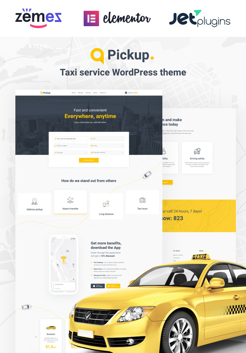 Pickup - Fast And Reliable Taxi Service Website WordPress Theme #89665