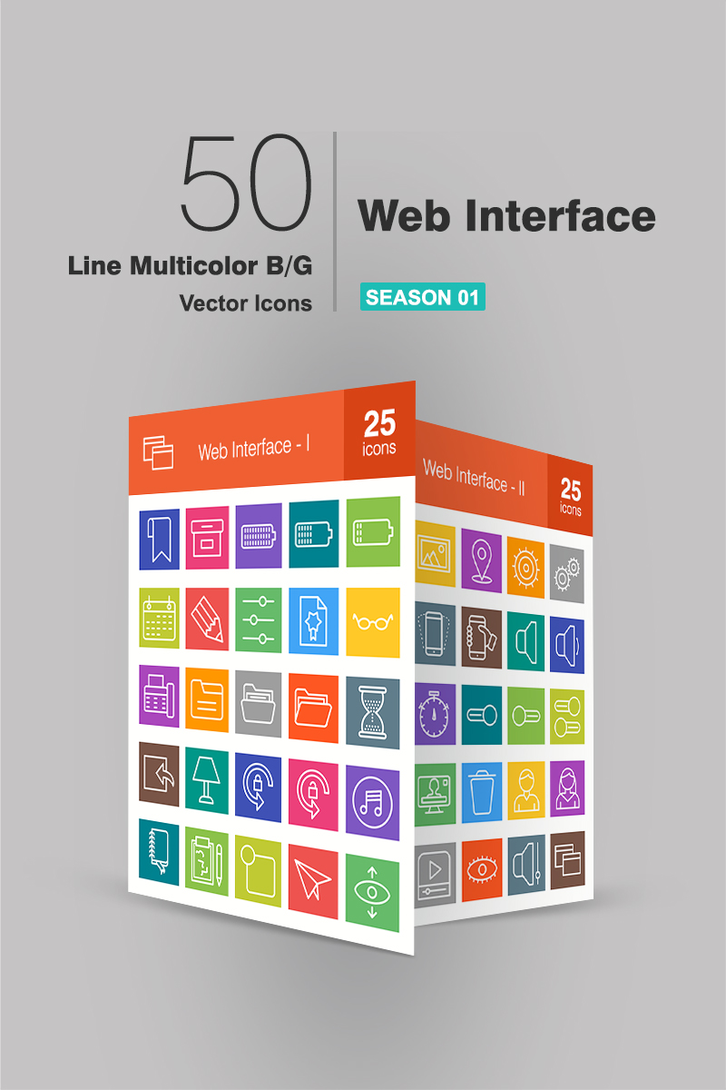 50 Web Interface Line Multicolor B/G Iconset Template #90934