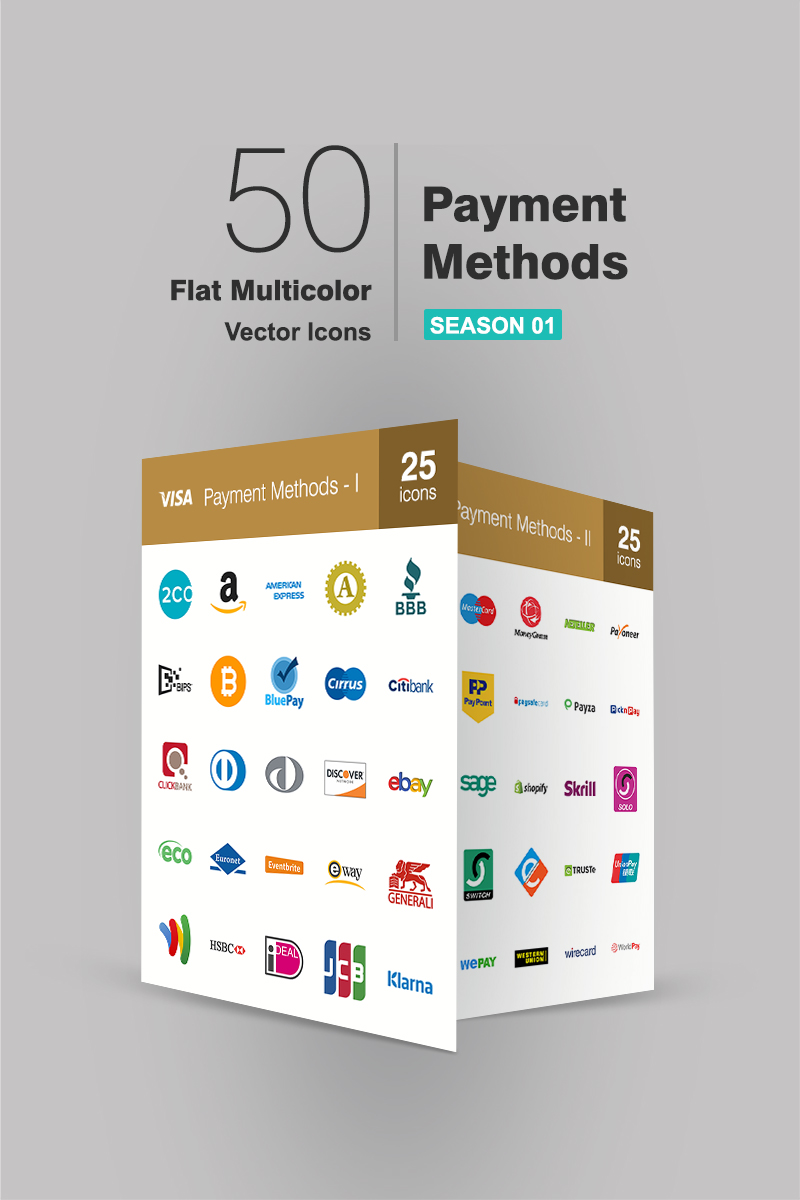 50 Payment Methods Flat Multicolor Iconset Template #91012