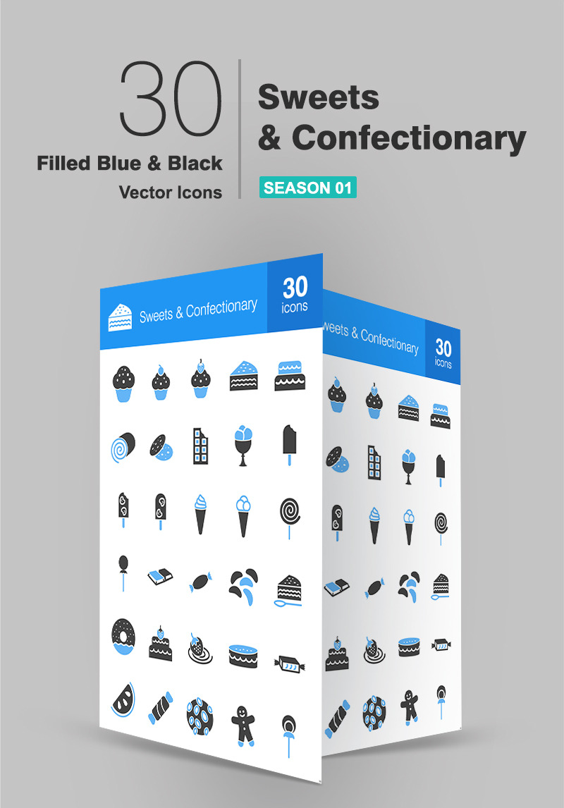 30 Sweets & Confectionery Filled Blue & Black Iconset Template #93580